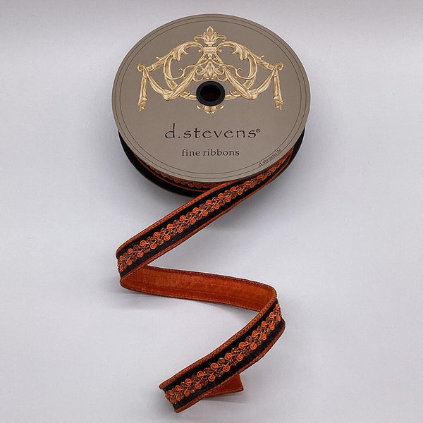 1” x 10yds metallic dupion orange copper center trim, black