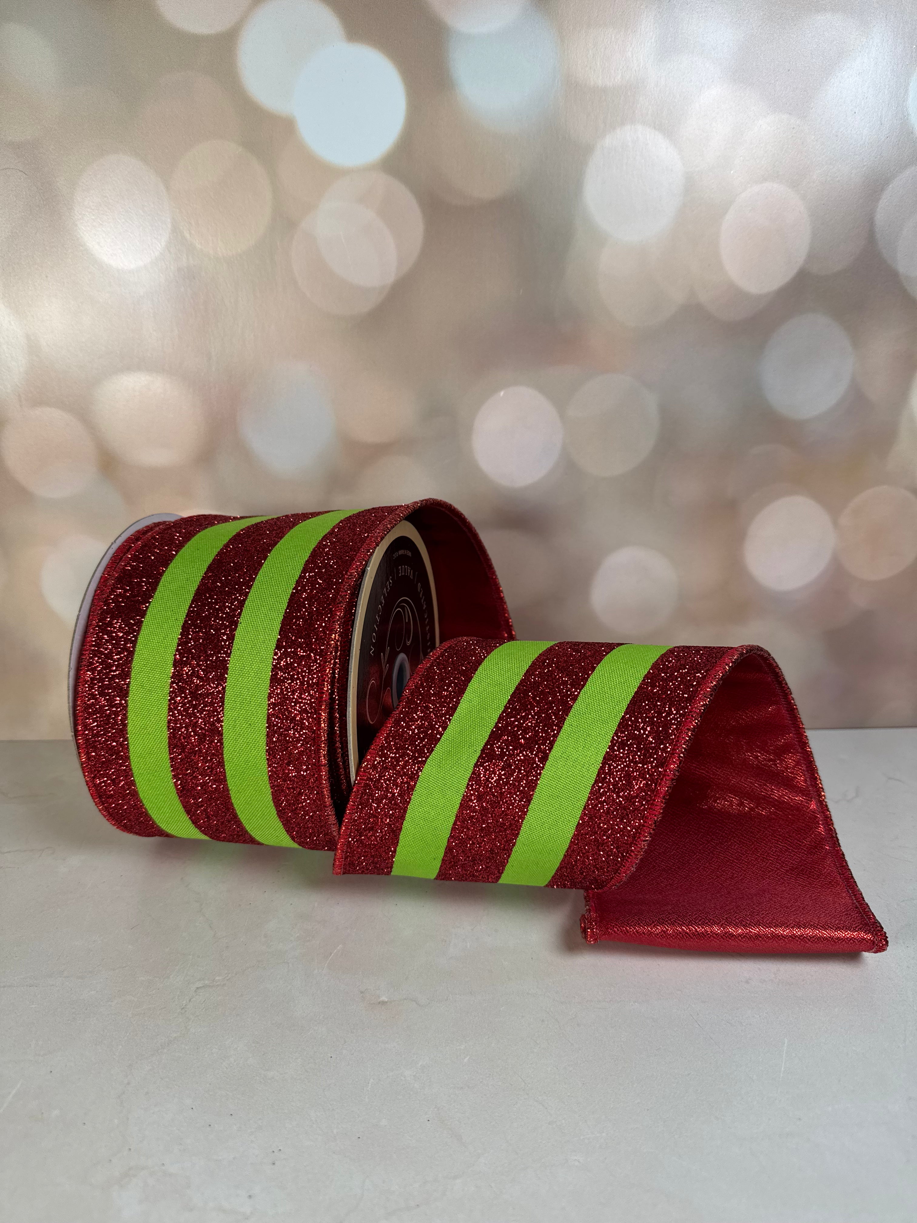 4"X10YD VERT GLITTER STRIPE/SEWN FRESH GREEN/RED
