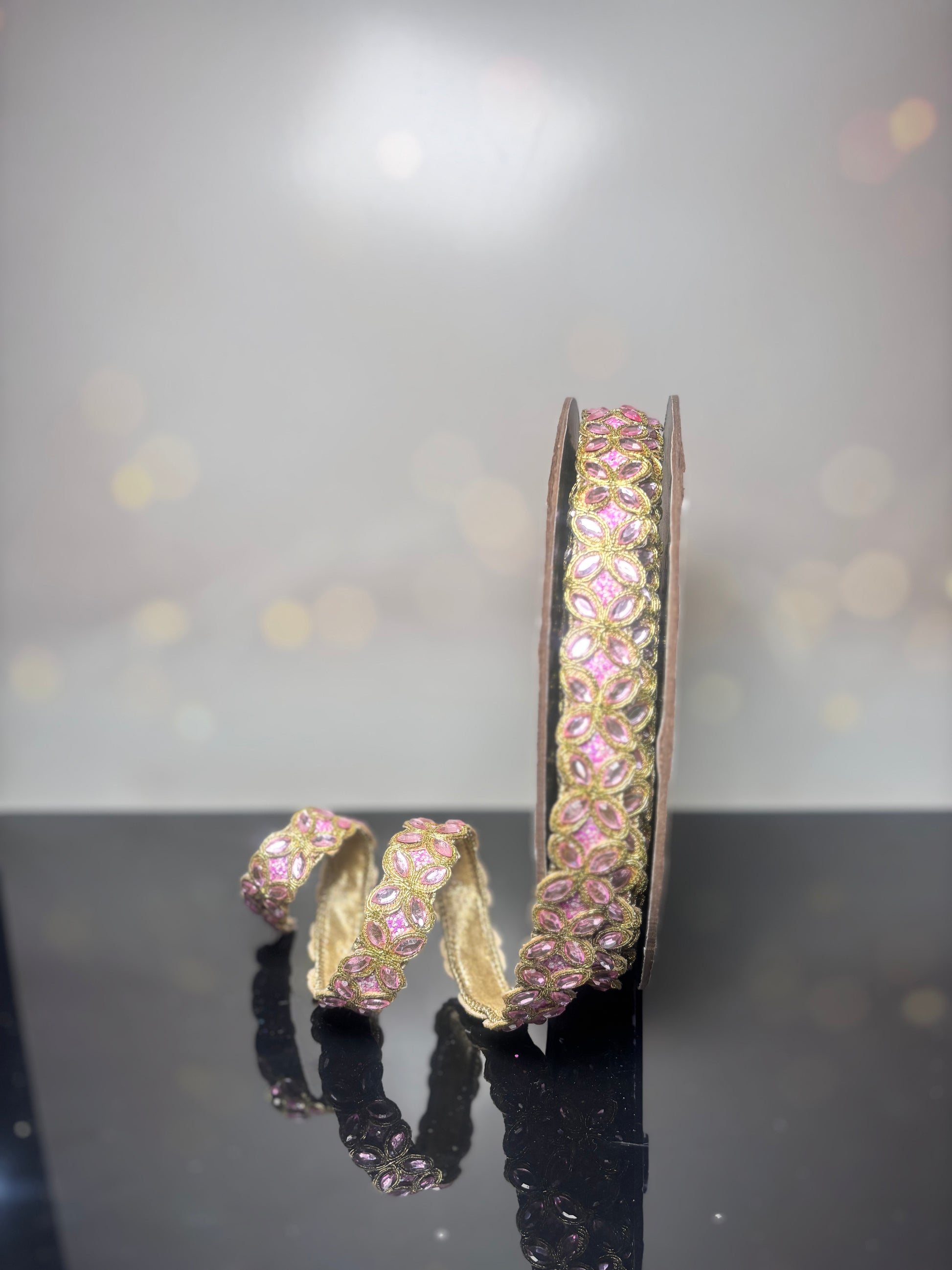 1” x 10yds metallic dupion pink jewel trim pink glitter, pink Wired Ri
